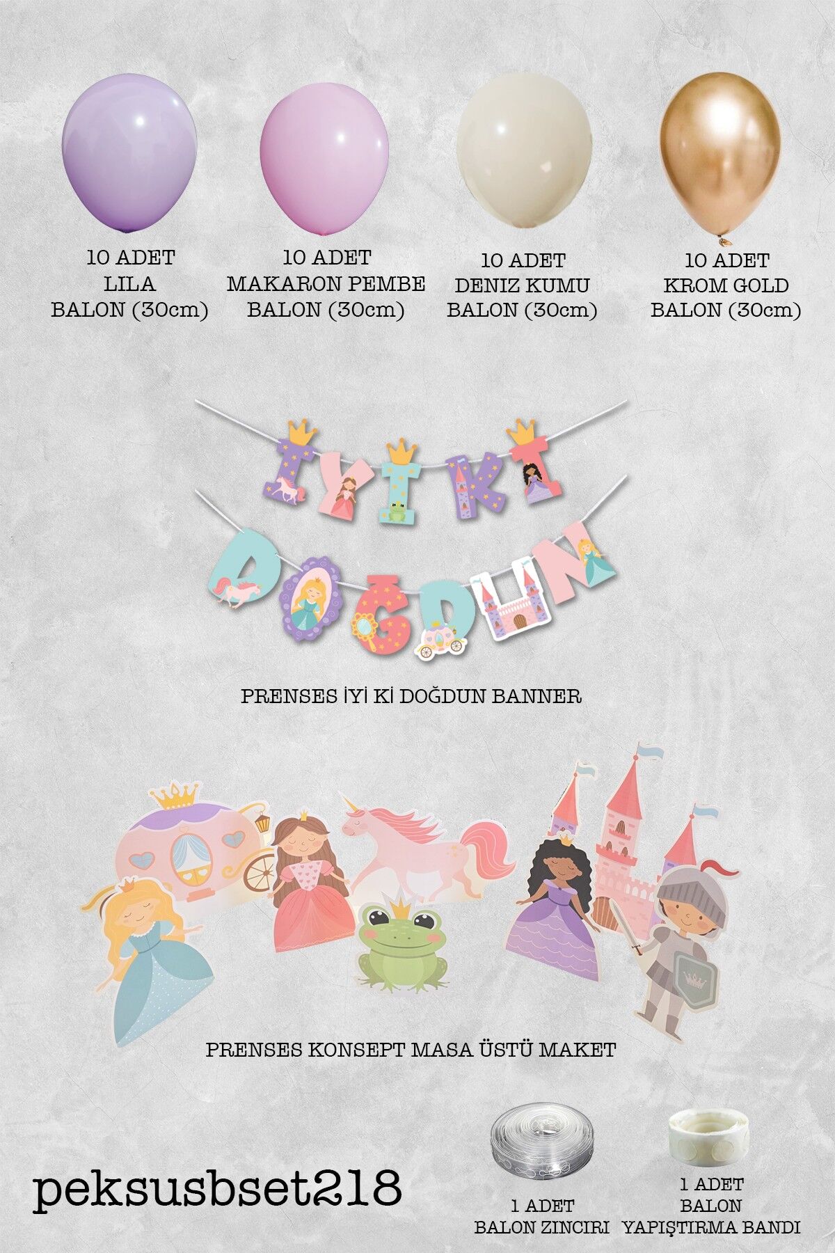 Prenses Tema Doğum Günü Balon Zinciri ve Masa Süsleri Seti - Set218