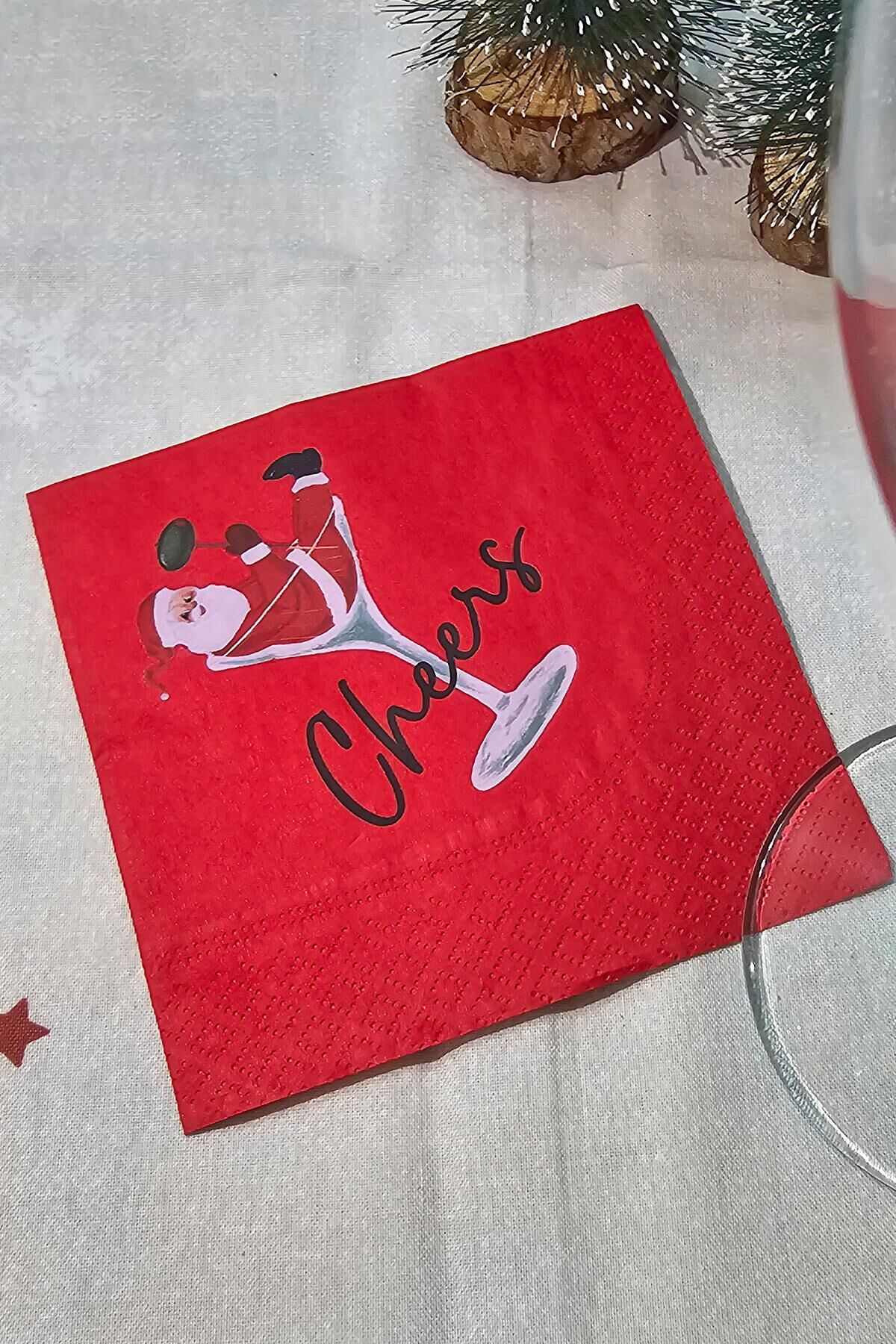 Kadehte Noel Baba Cheers Baskılı Yılbaşı Peçete Kare Kokteyl Peçetesi ...